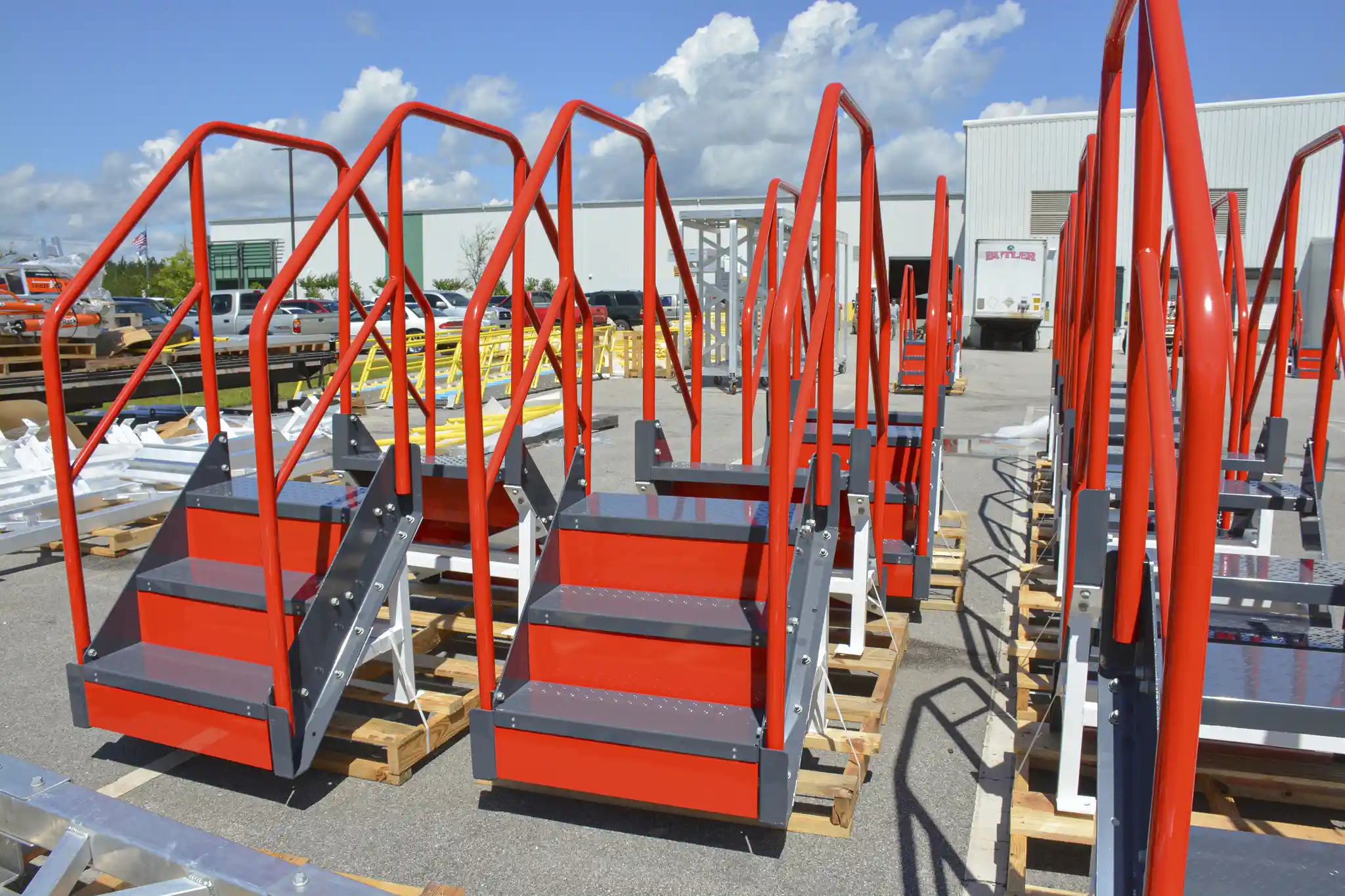 PerfectaStep Custom Crossover Stairs with Red Rails for Tesla Assembly ...